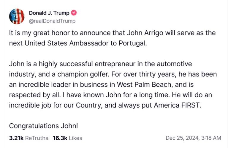 Donald Trump Appointed John Arrigo Next United States Ambassador To ...